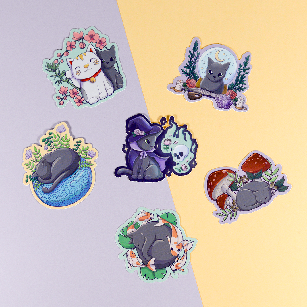 Jinx the Black Cat Sticker Set – Cut and Magical 6pc Stickers – TeaPenny